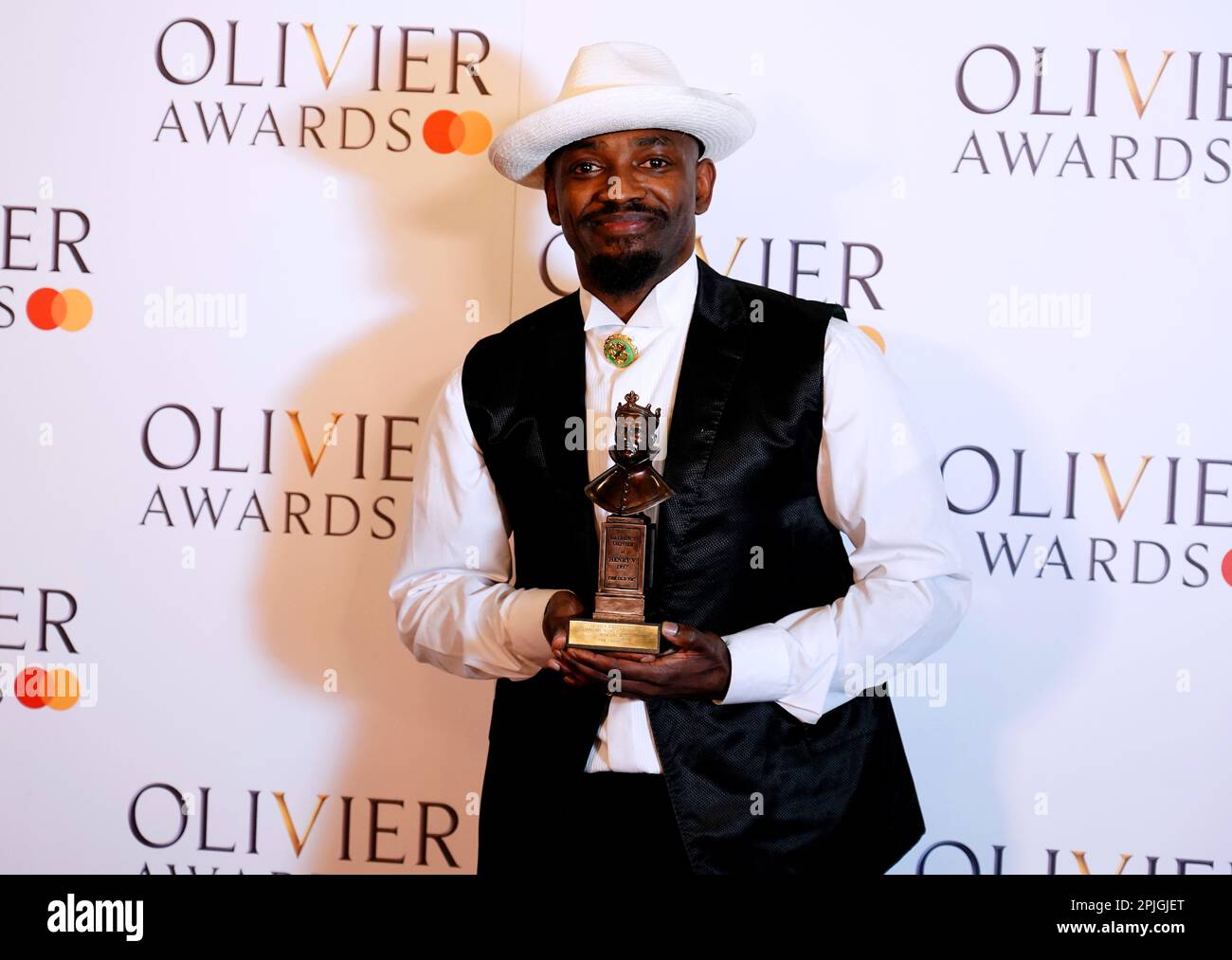 Dickson Mbi in the press room after winning The Olivier Award for ...