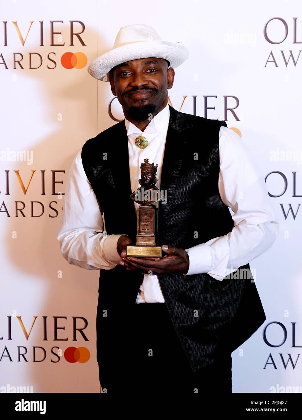 Dickson Mbi in the press room after winning The Olivier Award for ...