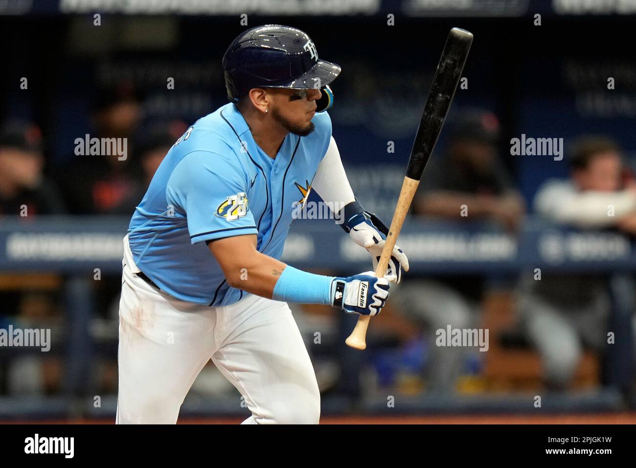 Tampa Bay Rays' Isaac Paredes follows the flight of his RBI single off ...