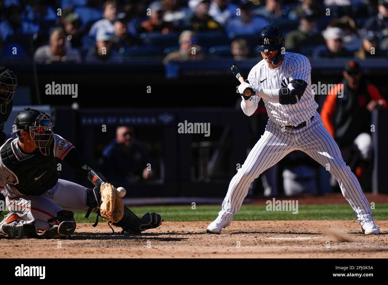 New York Yankees' Josh Donaldson, right, looks on as San Francisco ...