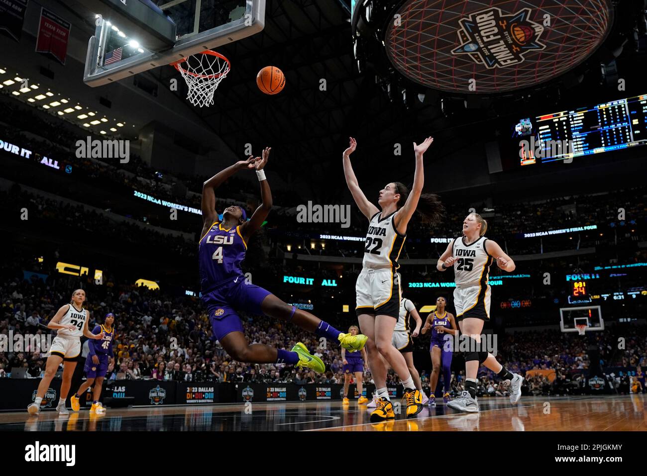 LSU's Flau'jae Johnson is fouled by Iowa's Caitlin Clark during the ...