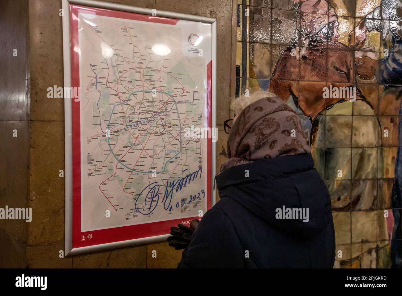 Moscow, Russia. 2nd of April, 2023. Posters with copy of the subway map ...