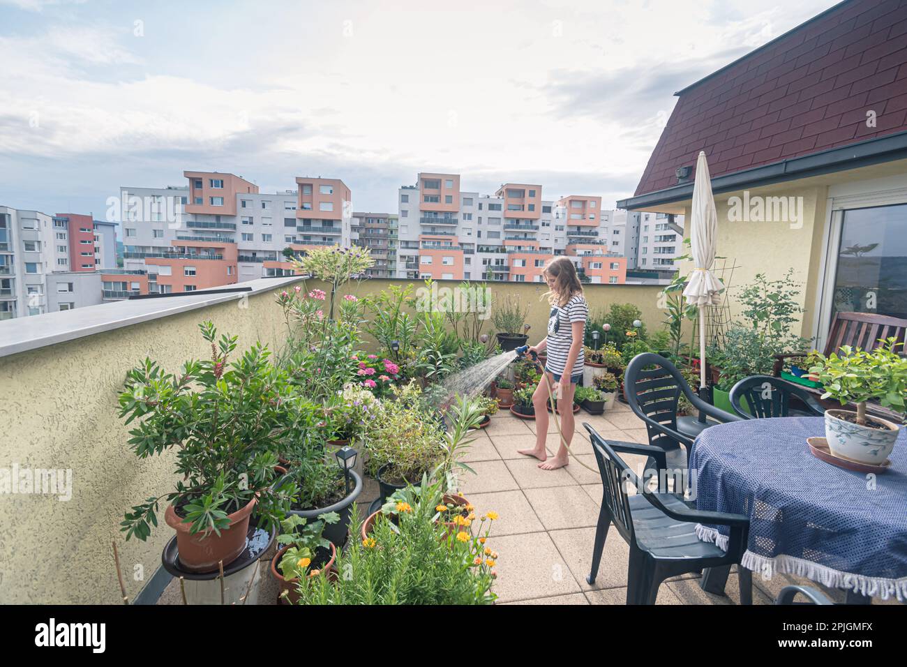 huge terrace of flat in the city full of flower pots and girl pouring ...