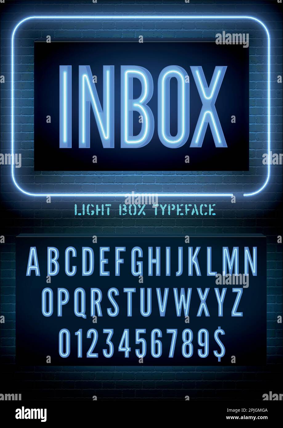 Inbox sign with blue neon box alphabet on dark brick wall background ...