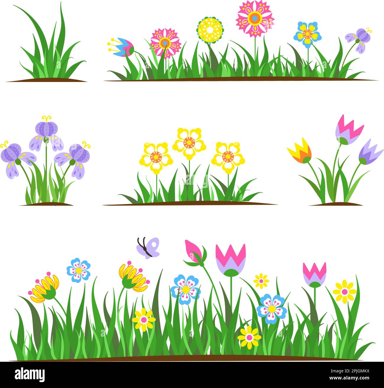 Garden flat flowers in grass. Spring tulip, meadow decorative floral ...