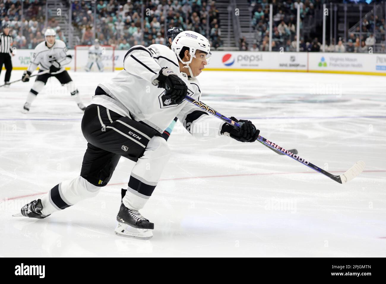 Los Angeles Kings center Quinton Byfield (55) follows through on his shot against the Seattle ...