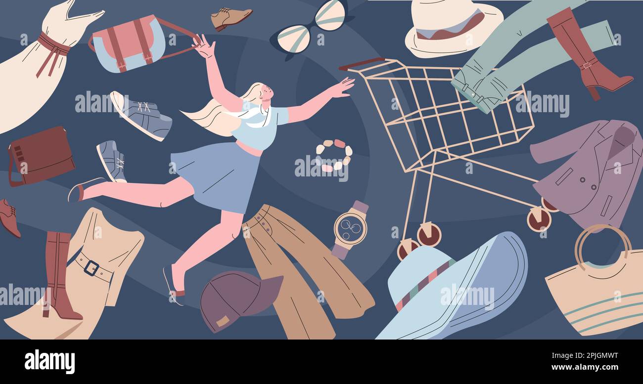 Shopaholism concept. Flying fashion shopaholic consumer and fashioned ...