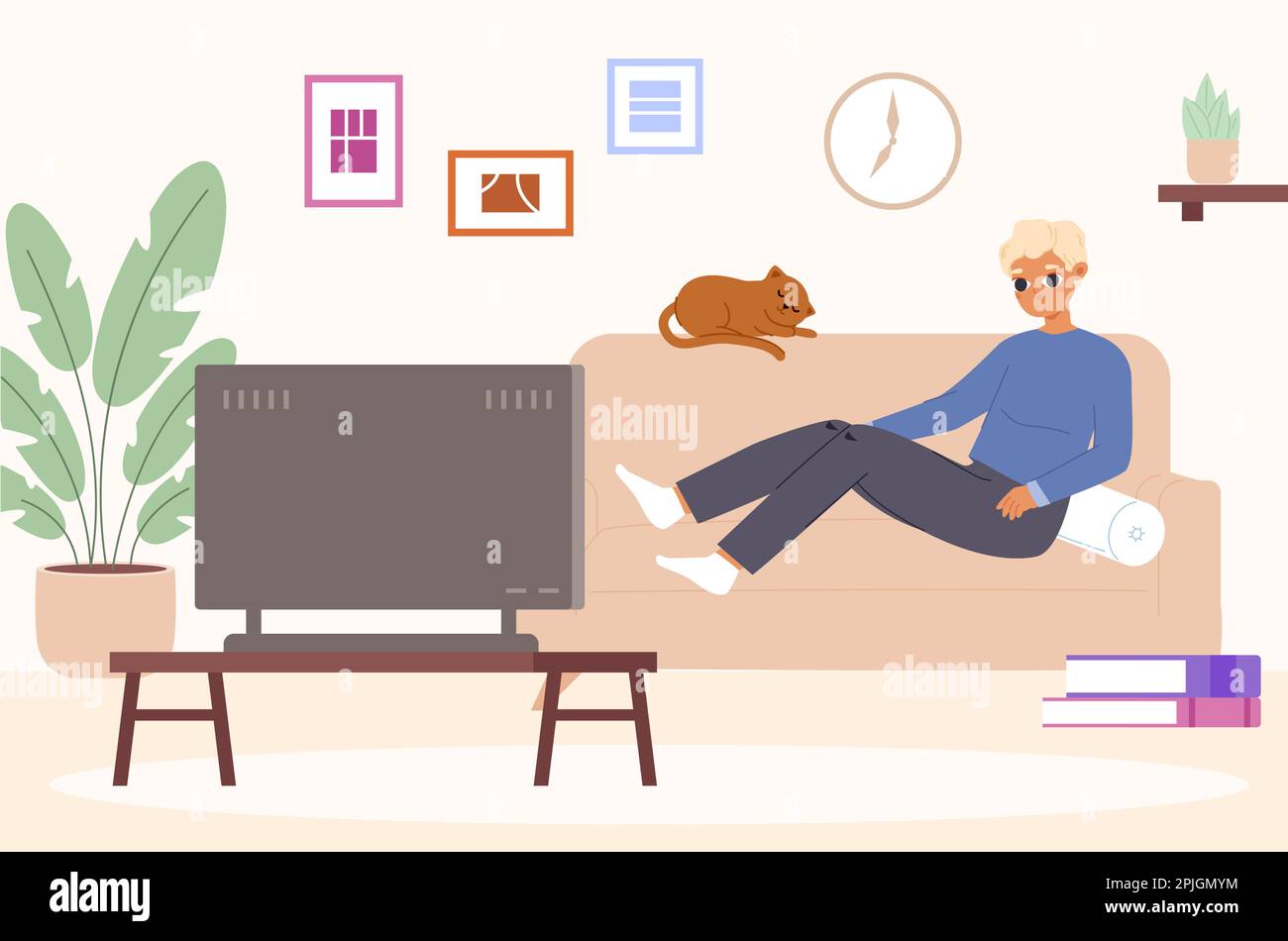 Student rest on sofa and watch TV. Young man in living room, relaxing ...