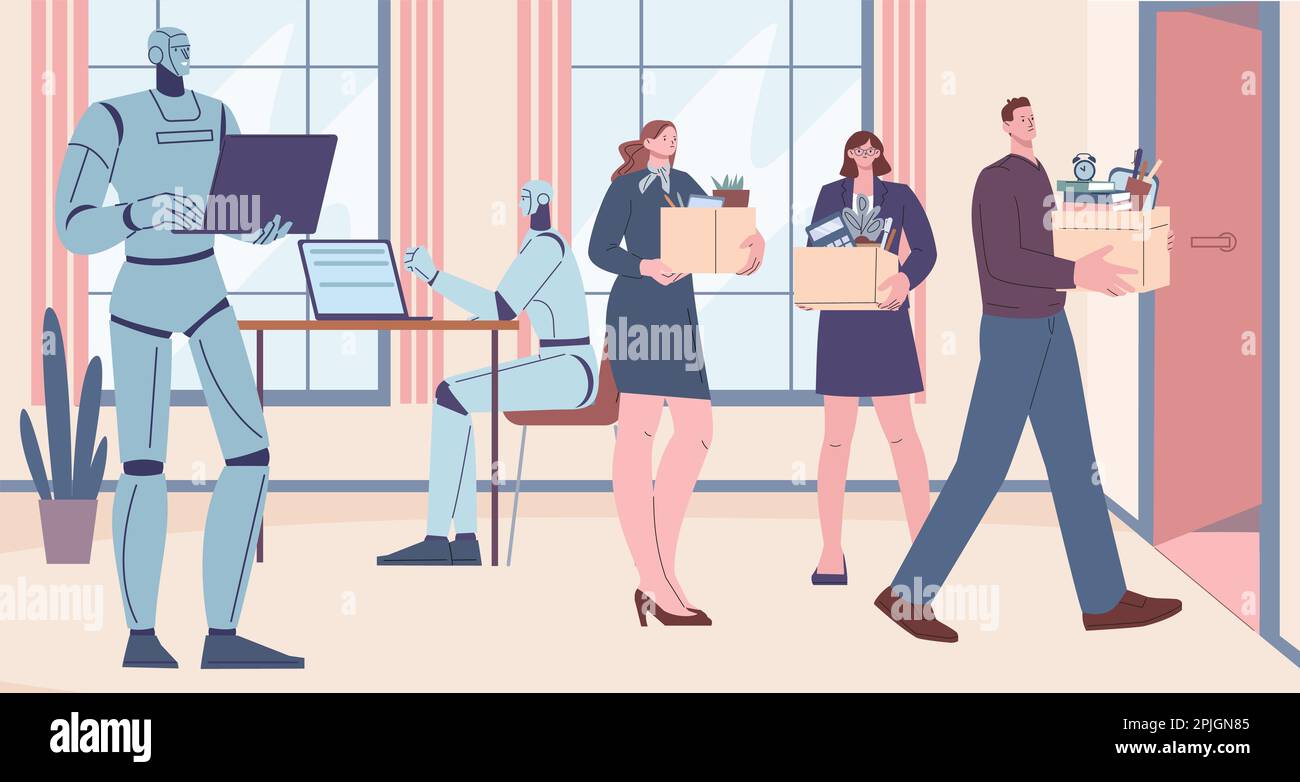 People vs robots on work. Employee human dismissal, welcome robot in office. Business ...