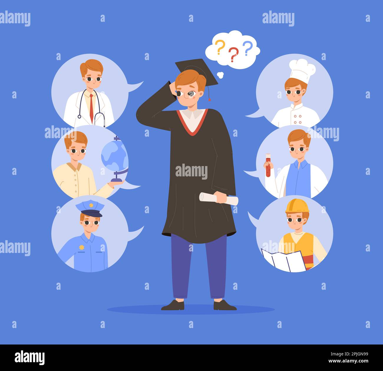 Choose profession. Young school graduate choosing future work. Cartoon ...