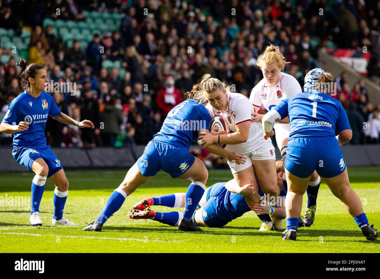 Mackenzie Carson of England Women is tackled byLucia Gai of Italy Women ...