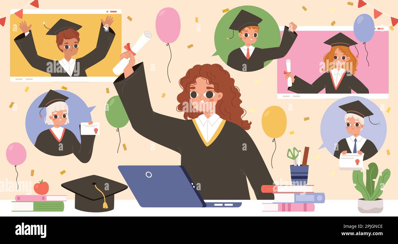 Online university graduation party. Graduate young adults, distance ...
