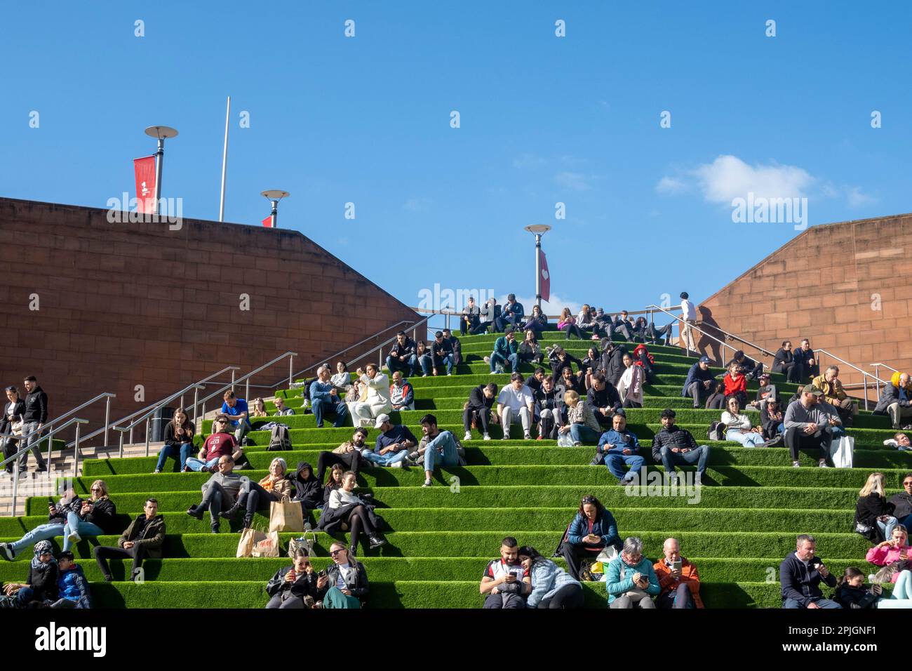 Liverpool ONE visitors enjoying the April sunshine on the steps to the ...
