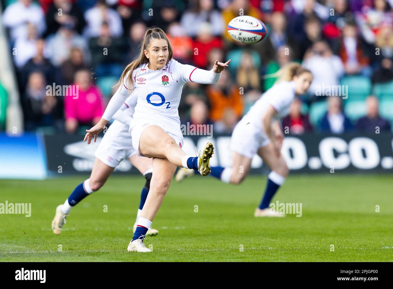 Northampton, UK. 02nd Apr, 2023. Holly Aitchison of England Women kicks ...