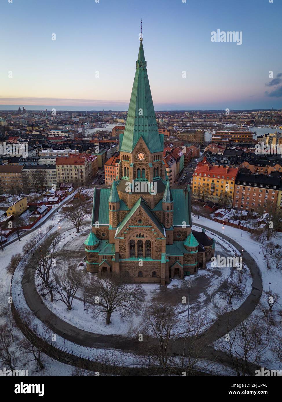 Aerial shot of Sofia kyrka (Church of Sofia) in central Stockholm Stock ...