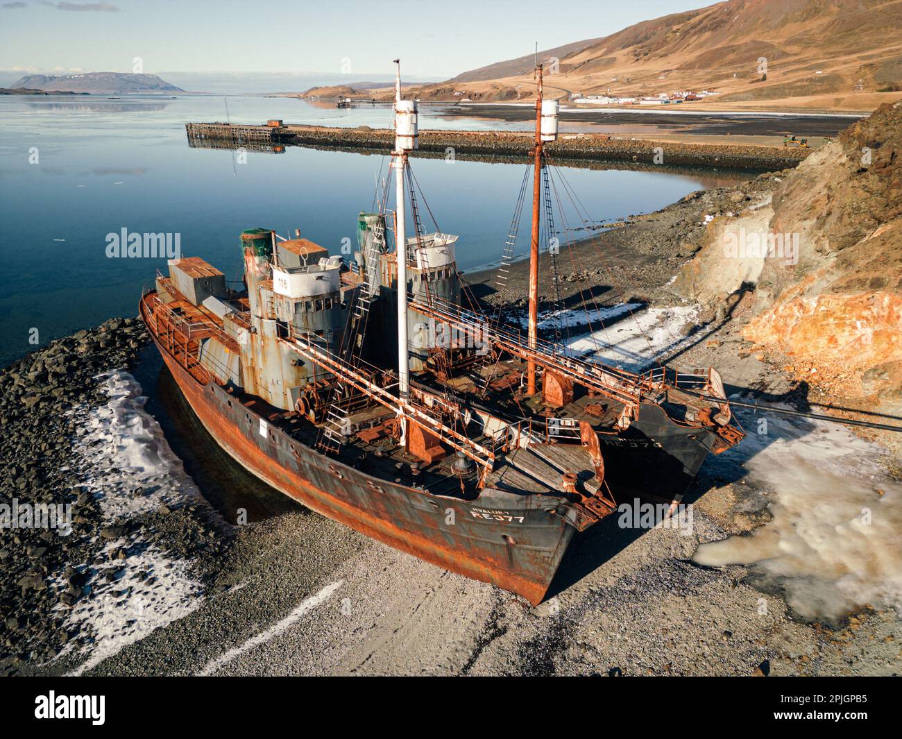 Aerial view of old abandoned whalers Hvalur 6 RE-376 and Hvalur 7 RE ...