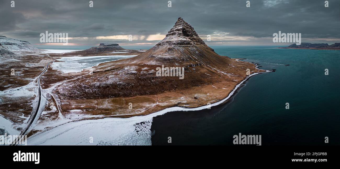 Aerial view majestic mountain kirkjufell hi-res stock photography and ...