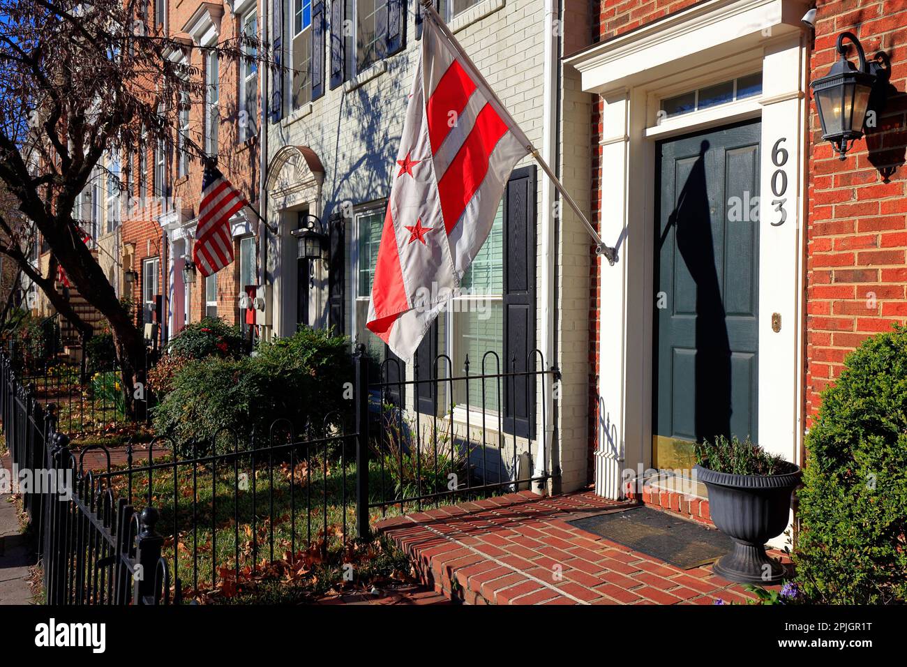 American flags, and the flag of Washington DC hanging outside ...