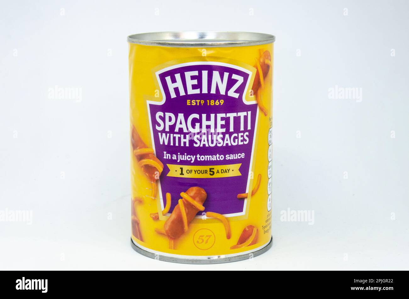A tin of Heinz spaghetti with sausage isolated against a white ...