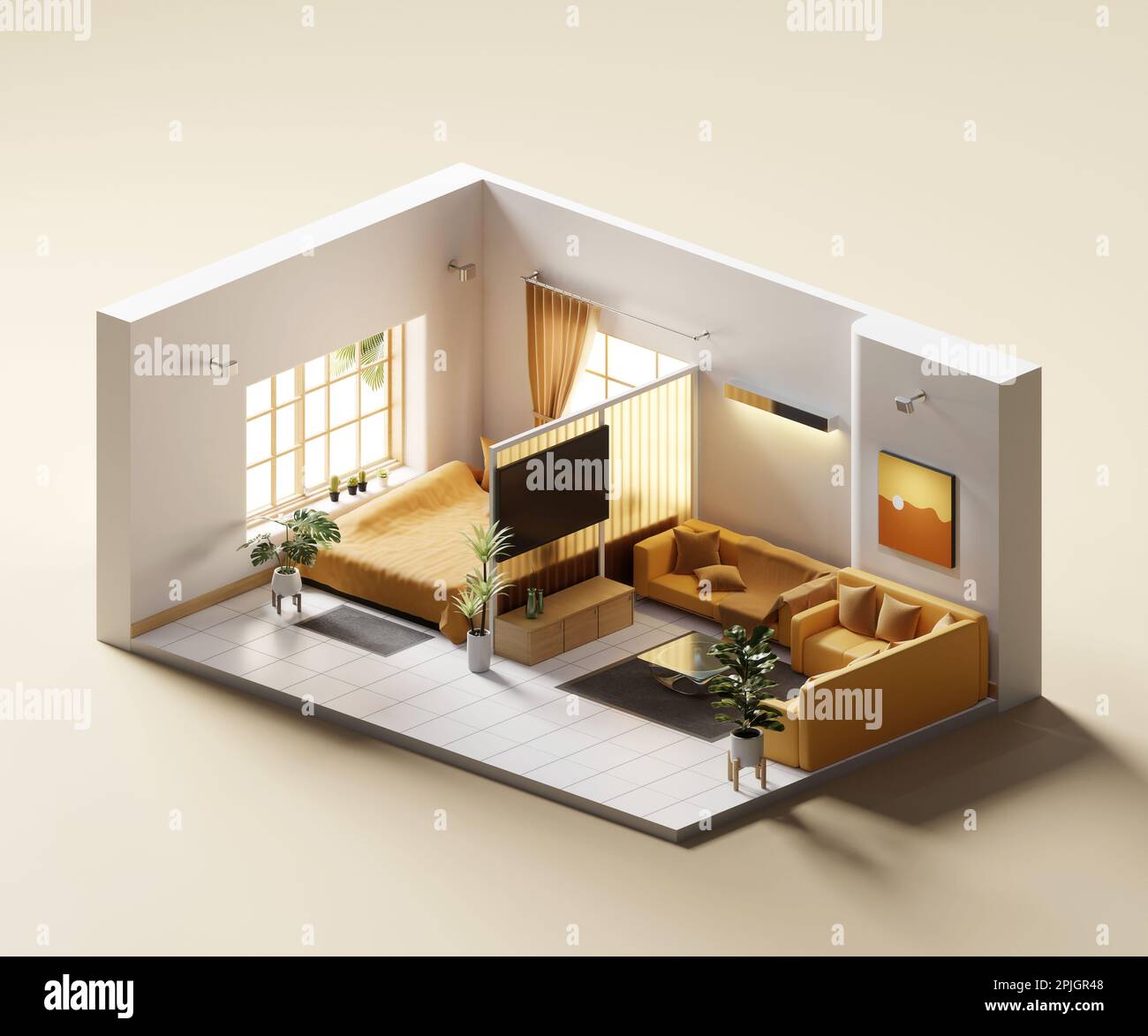 Isometric view bed room open inside interior architecture 3d rendering ...
