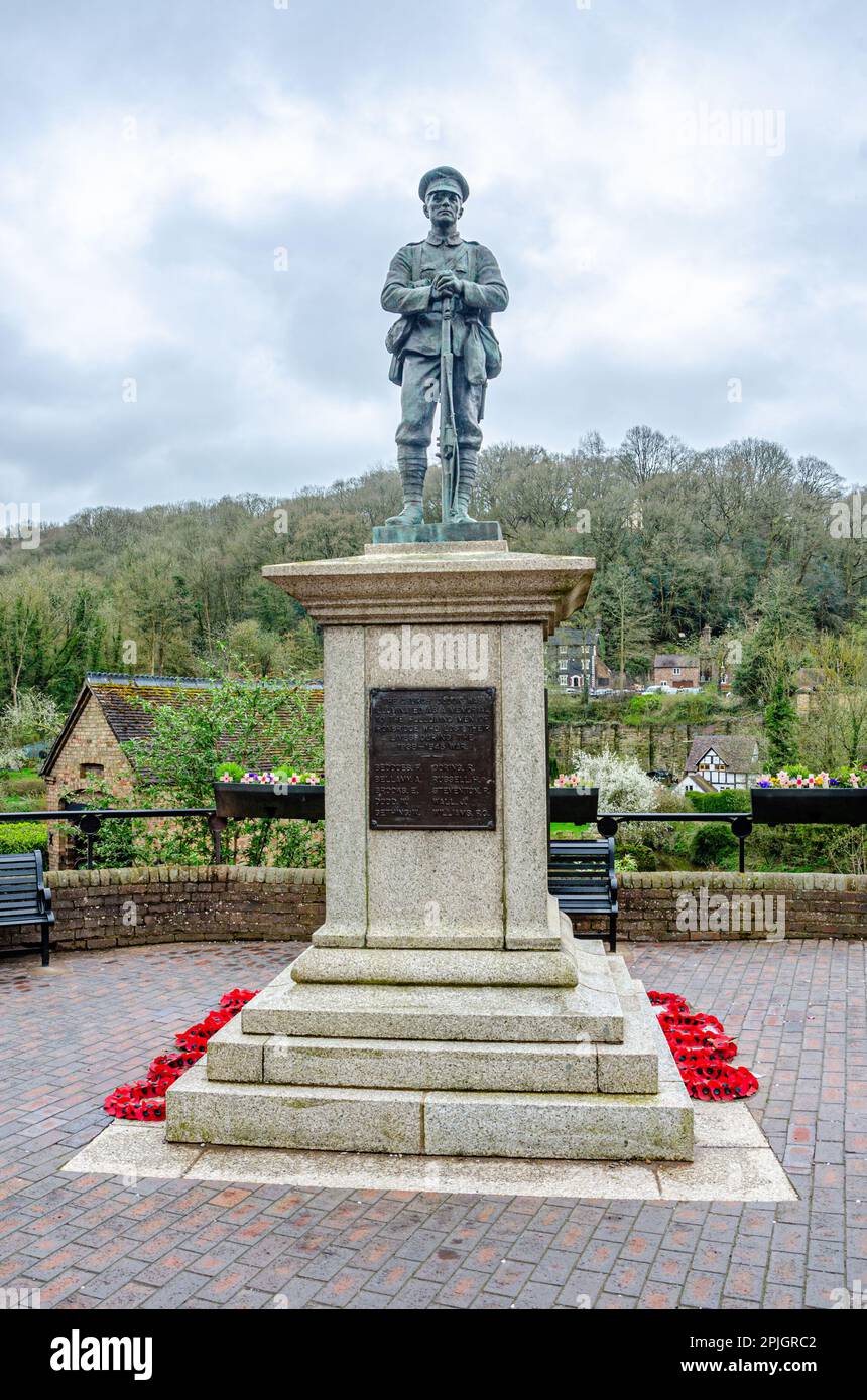 A war memorial at Ironbridge in Shropshire, UK featuring a brinze ...