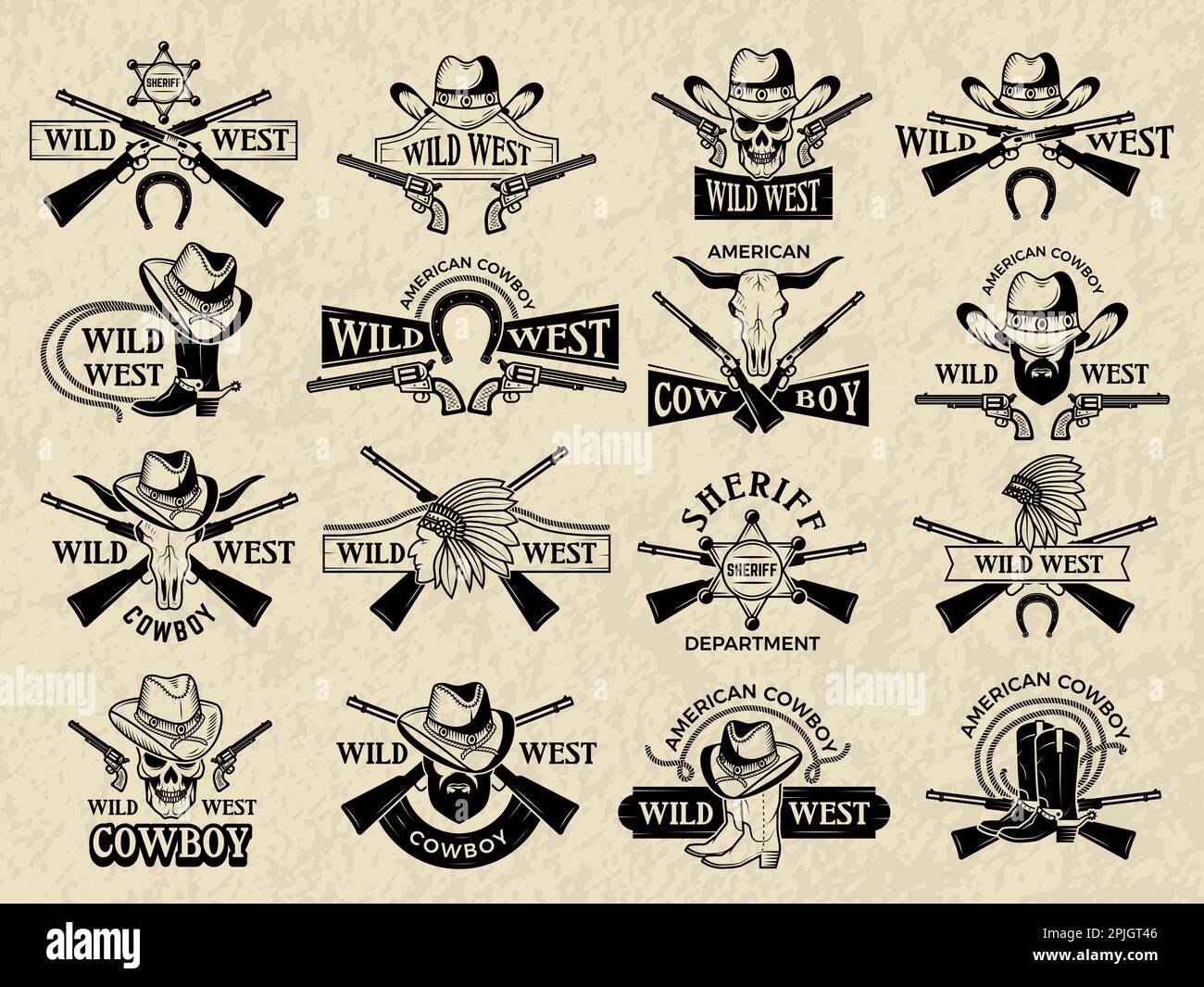 Wild west badges. Cowboy and sheriff symbols guns and bullets retro old ...