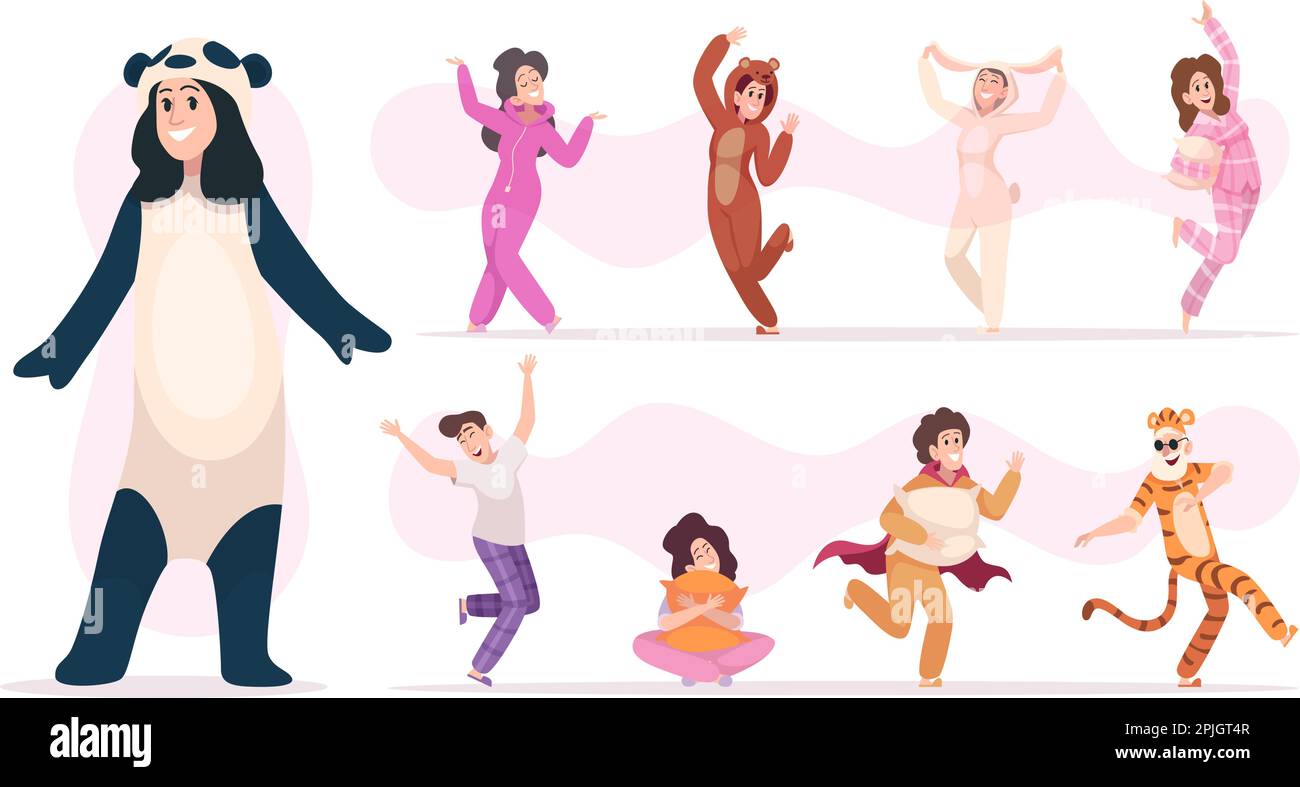 Pajamas people. Happy characters playing in sleeping funny clothes exact vector pictures set ...