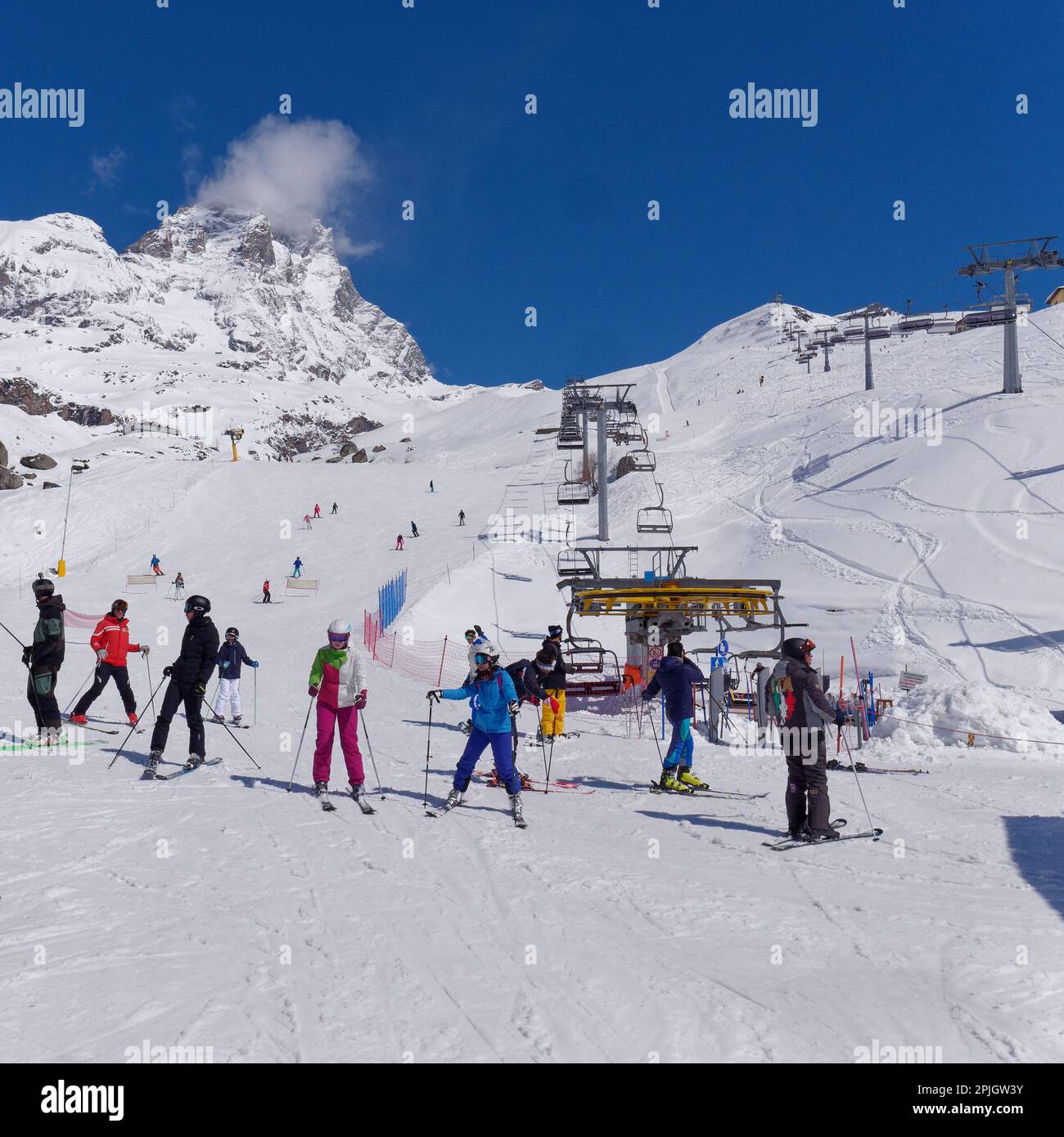 Skiing in the resort of Breuil-Cervinia in the Aosta Valley Italy with ...