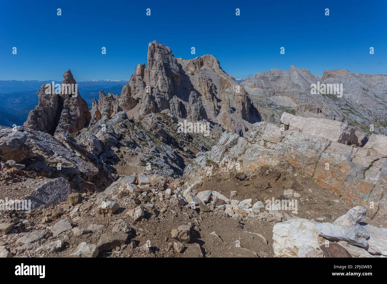 Dolomite rocky scenario with giant pinnacles and ridges in the Latemar ...