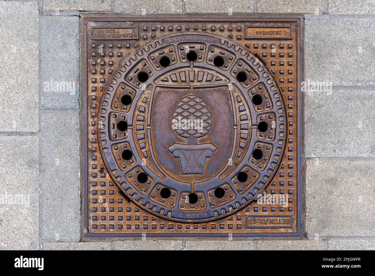 Manhole cover with the Augsburg city coat of arms, Augsburg, Bavaria ... Manhole cover with the Augsburg city coat of arms, Augsburg, Bavaria ...
