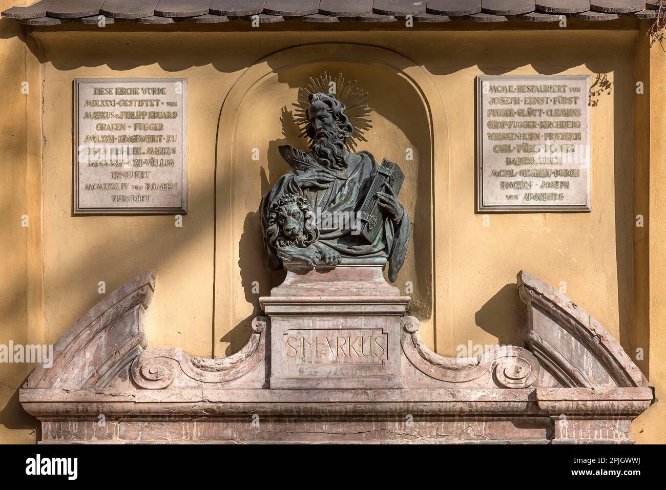 Sculpture of St Mark above the entrance portal of St Marks Church, 1581 ...