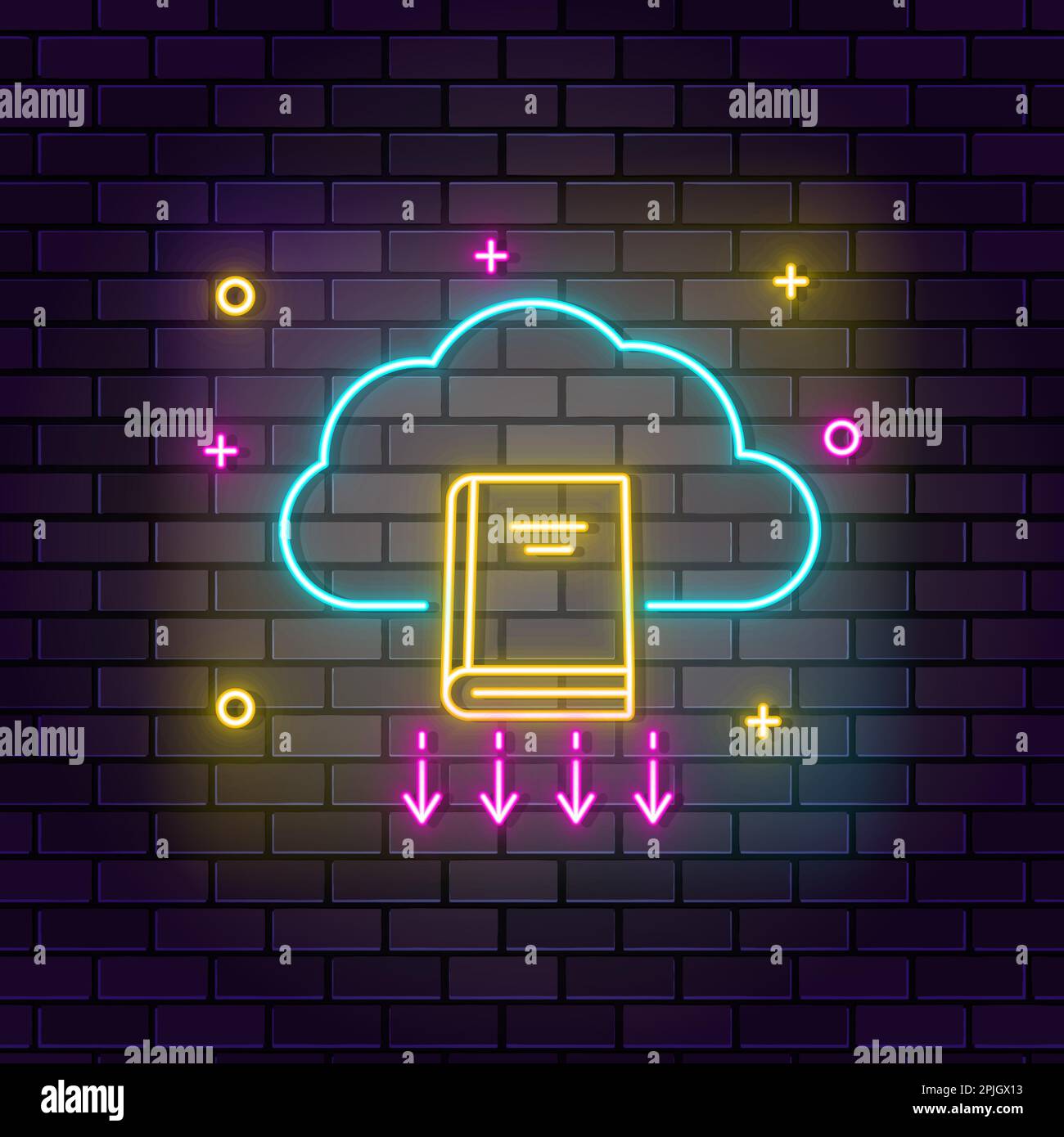 Online library, cloud neon icon. Education neon icon on dark brick wall ...