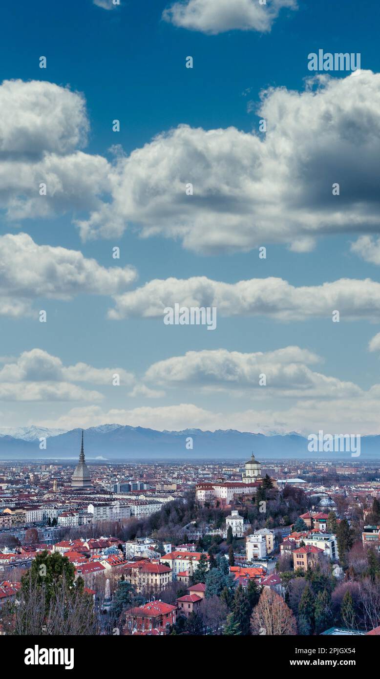 TURIN, ITALY - CIRCA AUGUST 2020: panoramic view with skyline at sunset ...