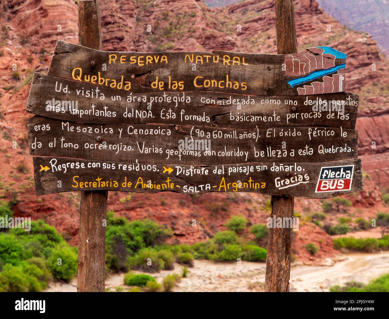 Signboard on the Quebrada de Las Conchas on the Ruta 68, Salta Province ...