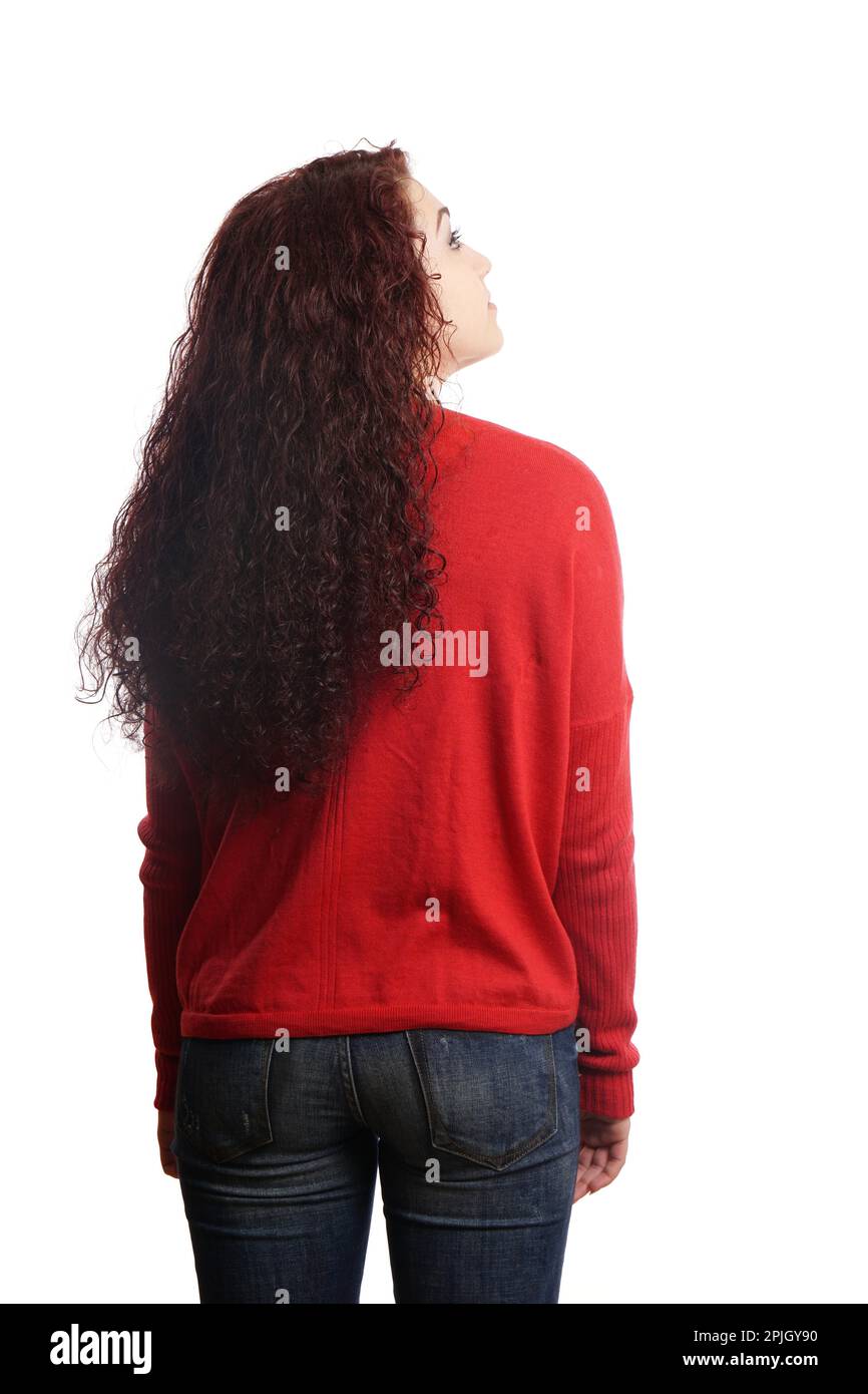 back or rear view of casual young woman isolated on white looking up ...