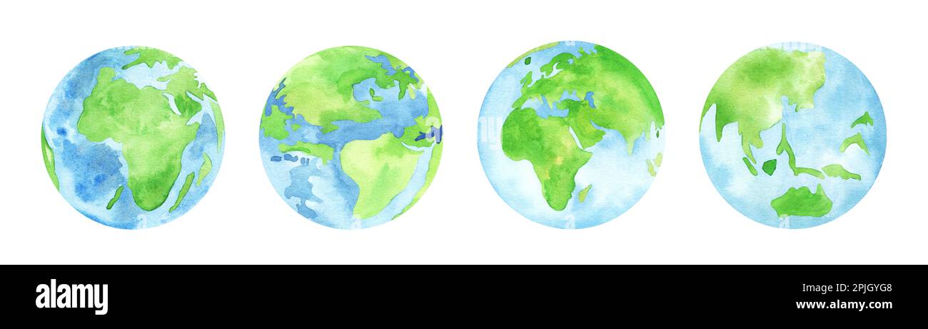 Hand drawn watercolor Earth. Colorful watercolors set of globes Stock ...