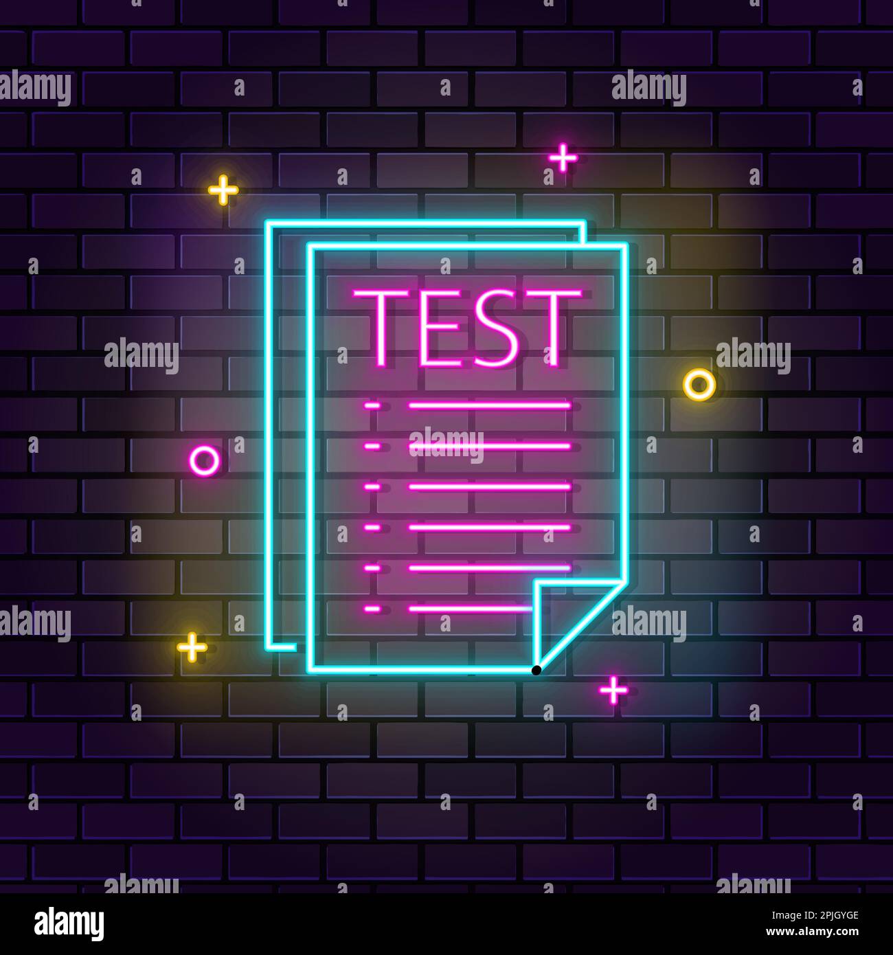 Test, paper neon icon. Education neon icon on dark brick wall ...