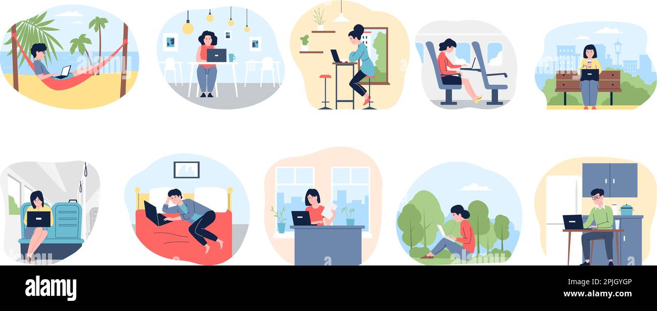 Freelance characters working in different places with notebook. Work in ...