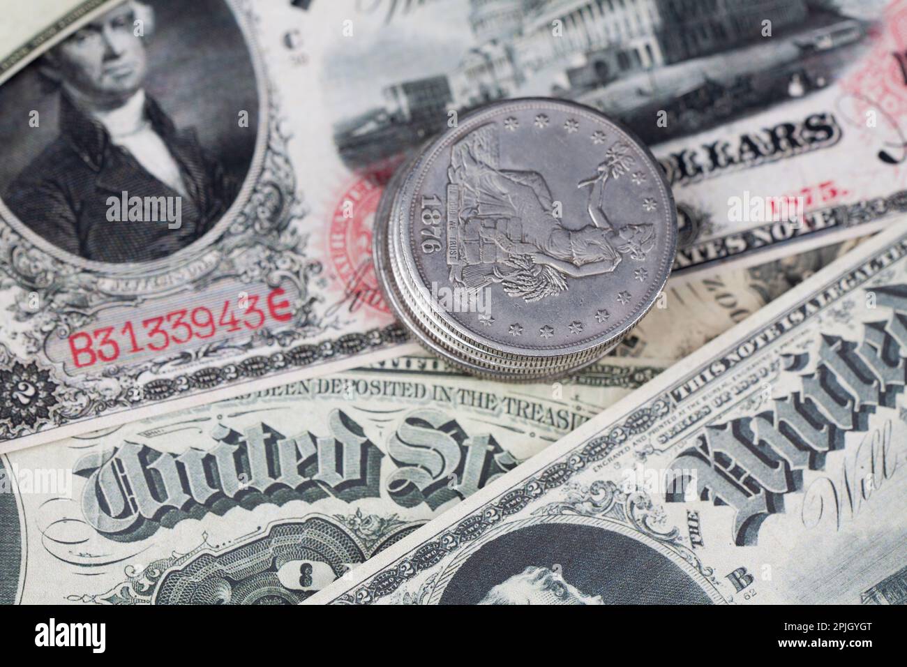 Old west period US banknotes and silver certificates with silver dollar ...