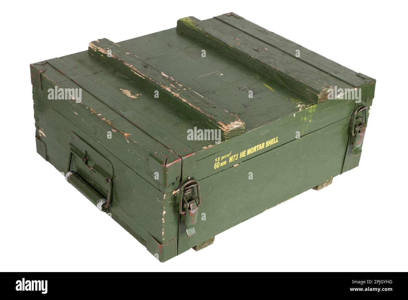 Ammunition crate green color for artillery shells isolated on white ...