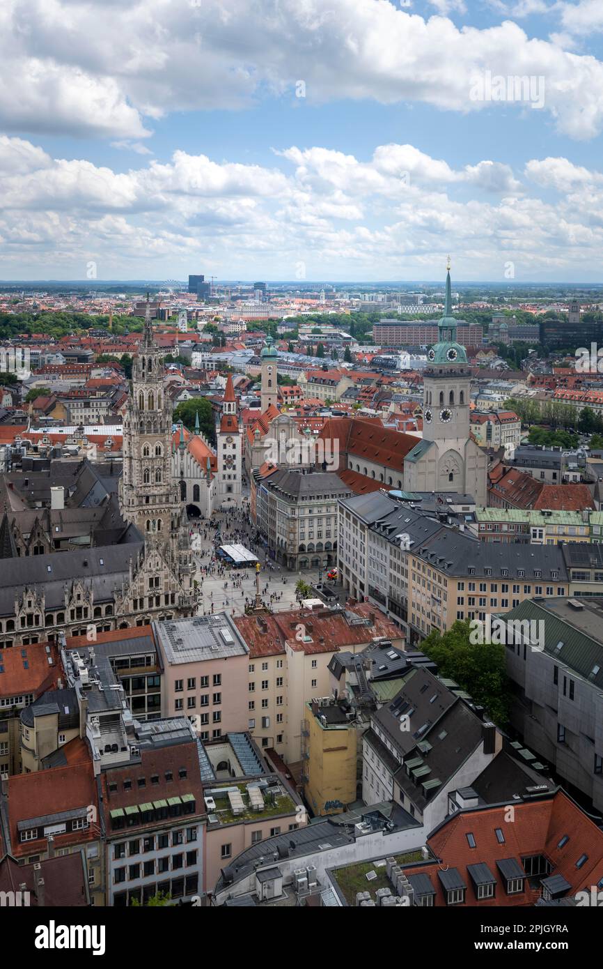 City view over Munich, Old Town with Old and New Town Hall, Old Peter ...