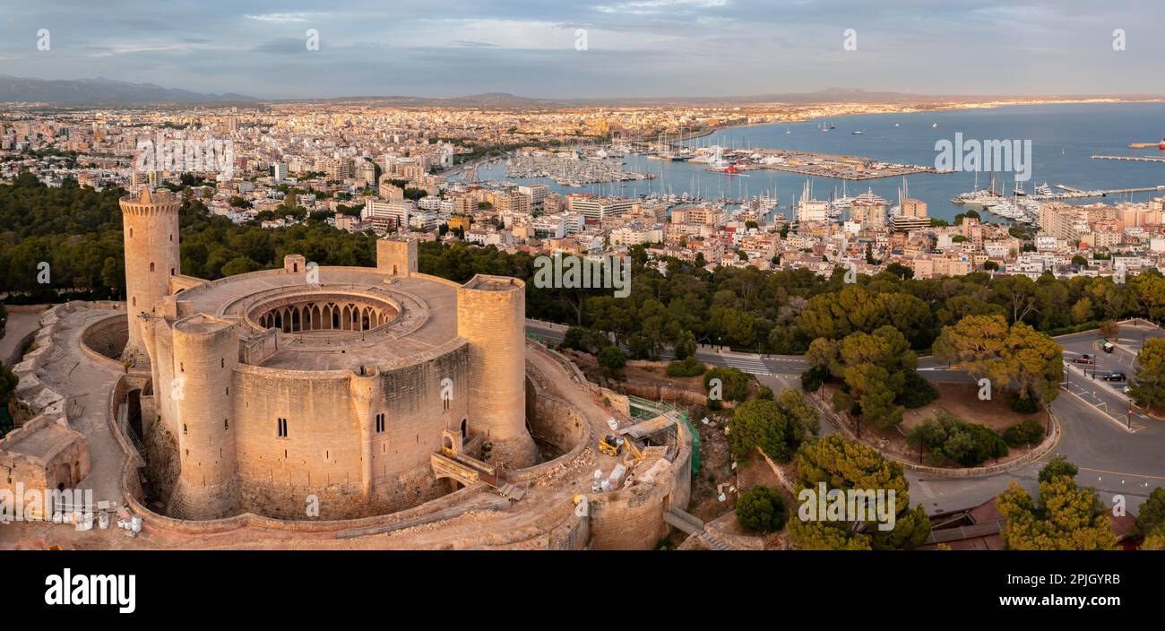 Aerial view, evening mood, round Castell de Bellver castle, view over ...