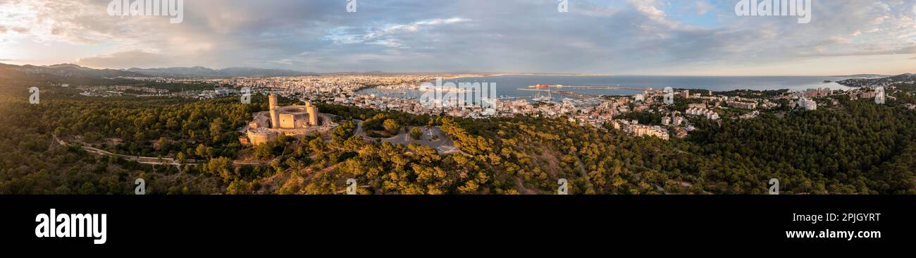 Aerial view, evening mood, round Castell de Bellver castle, view over ...