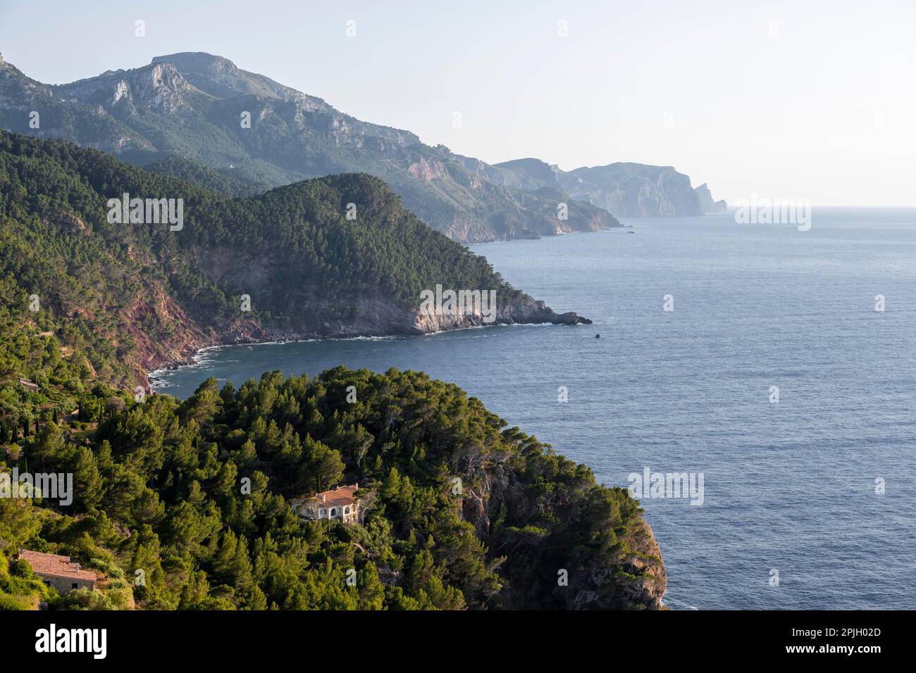 Secluded villa by the sea, view over the cliffs and sea, Majorca, Spain ...