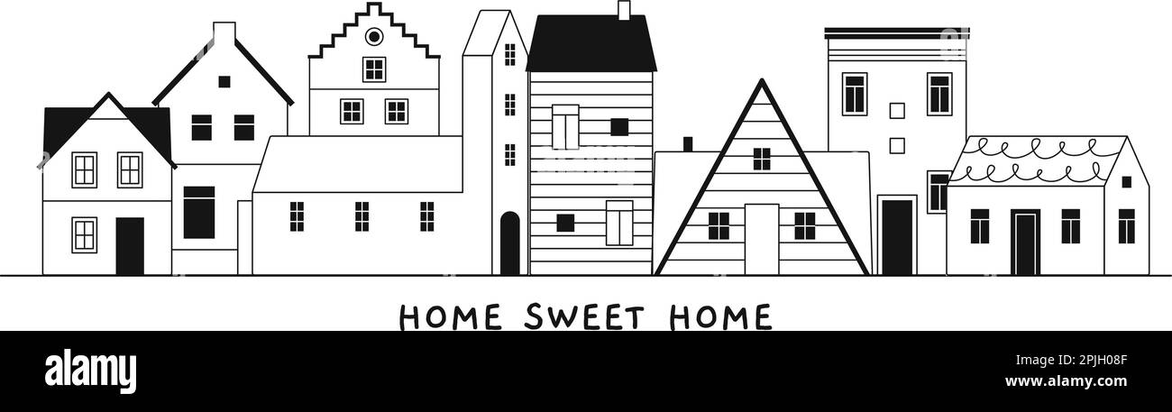 Tiny village houses banner, sweet home concept. Lined apartment house ...