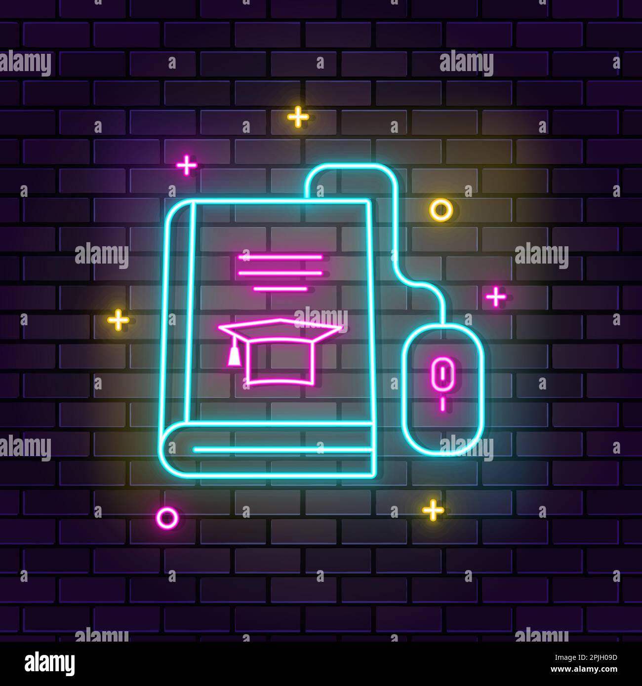 Mouse, book neon icon. Education neon icon on dark brick wall ...