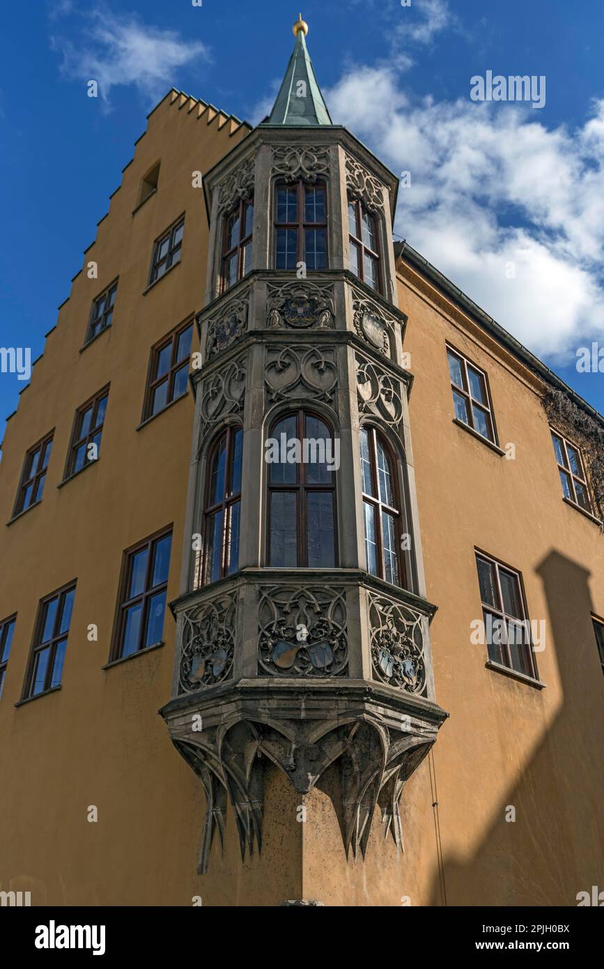 Historic bay window on the house of the Jakob Fugger estate, 16th ...