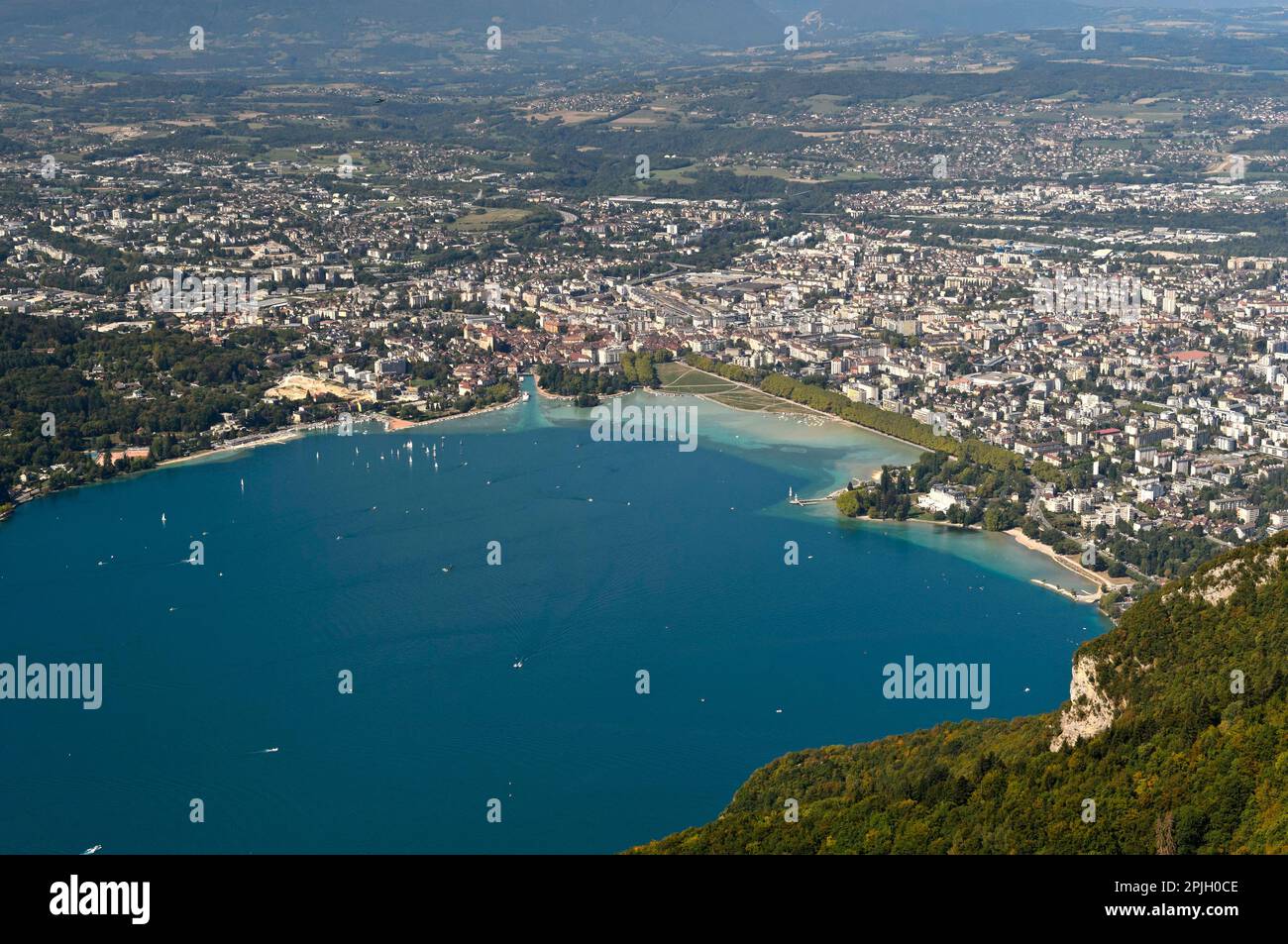 View from Mont Veyrier of the lake of Annecy, Lac dAnnecy, and the town ...