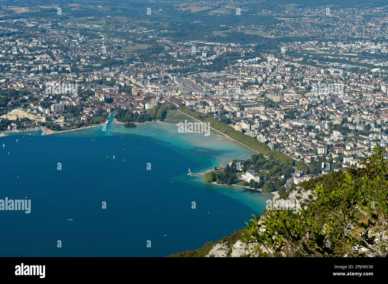 View from Mont Veyrier of the lake of Annecy, Lac dAnnecy, and the town ...