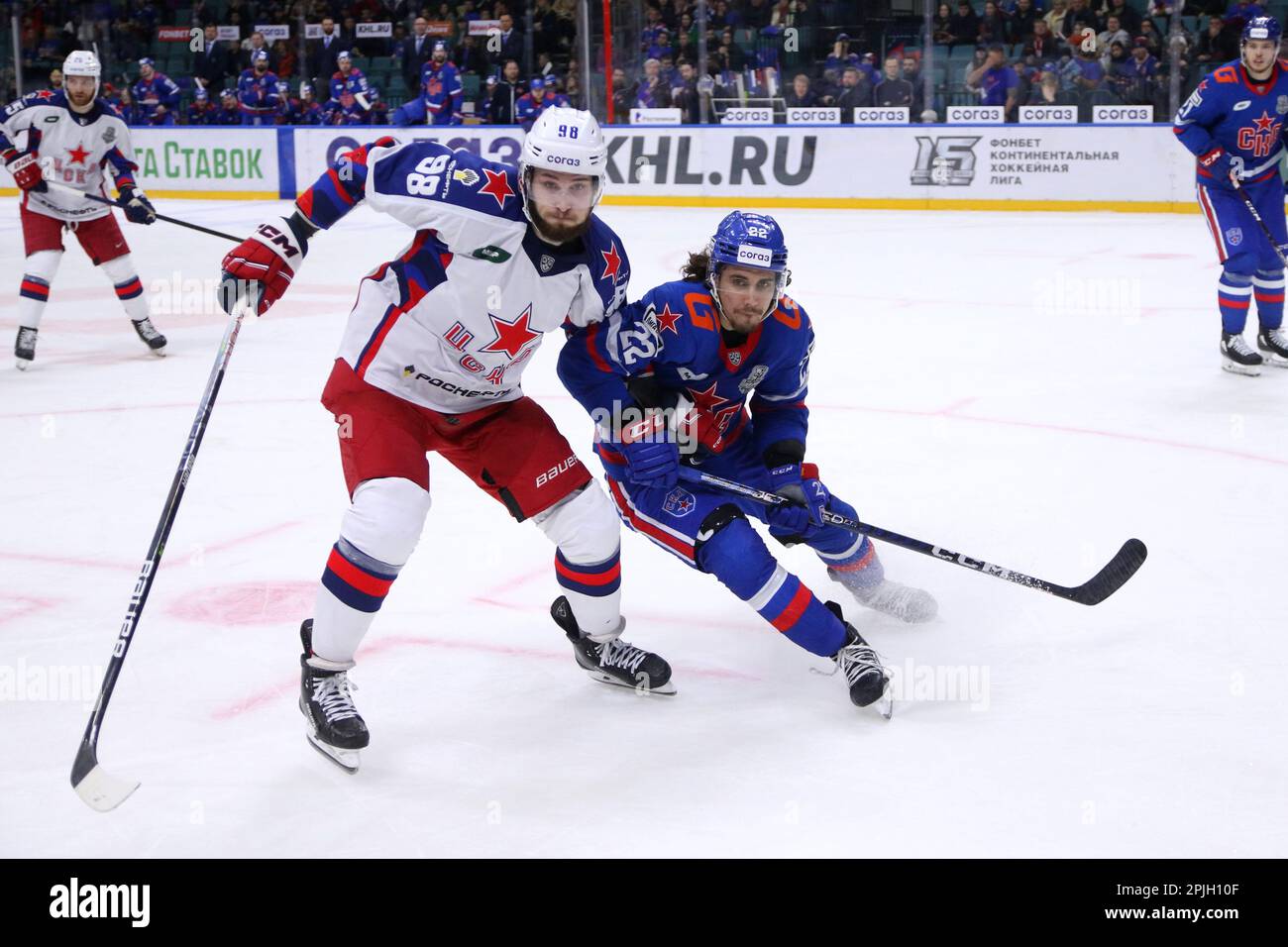 CSKA Hockey Club player, Maxim Mamin (No.98) and SKA Hockey Club player ...